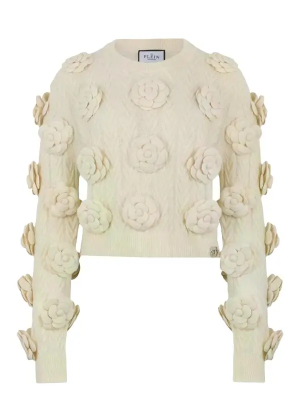 Philipp Plein Cream Cable Knit Rose Appliqué Pullover - Neutrals