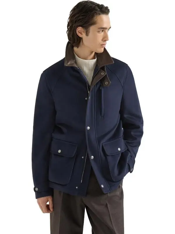 Brunello Cucinelli Virgin Wool Cloth Field Jacket With Nappa Leather Inserts - Blue