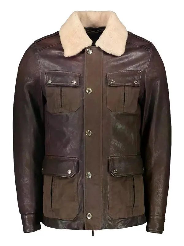 MOORER Padded Shearling Collar Jacket - Brown