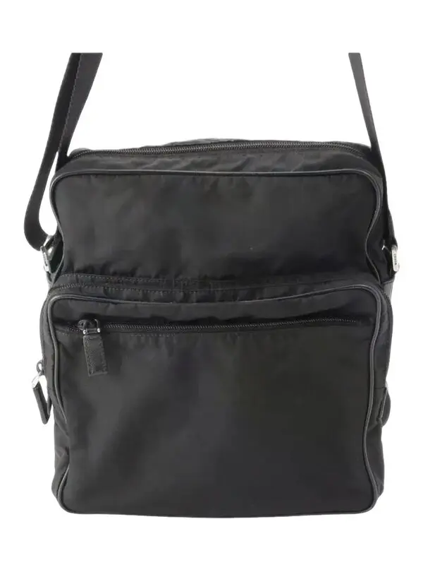 Prada Saffiano Trimmed Tessuto Zip Top Crossbody Bag - Black