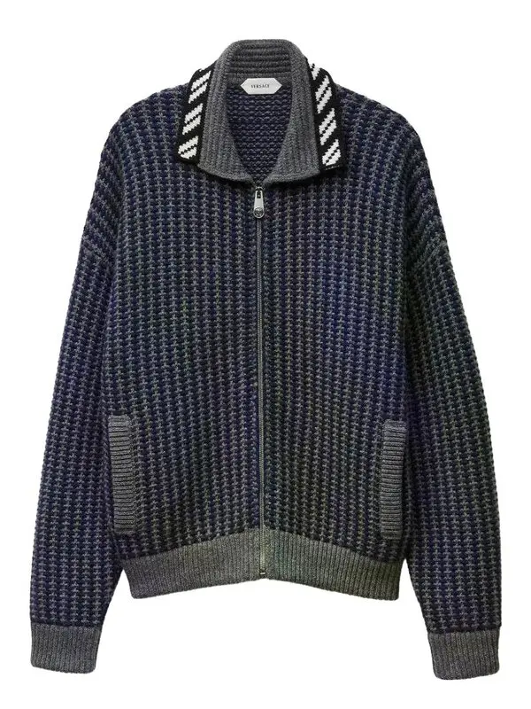 Versace Intarsia Wool Knit Zip Cardigan - Blue