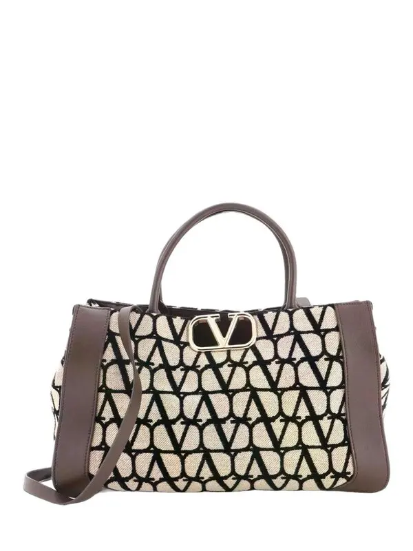 Valentino Garavani Vlogo Shopper Toile Iconograph Fabric With Leather Small Tote Bag - Brown
