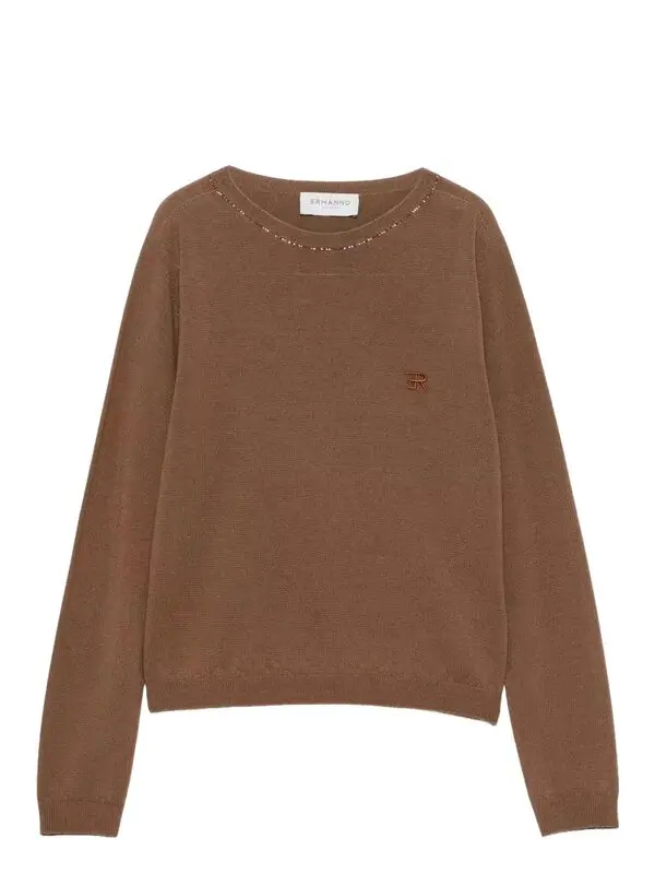 ERMANNO FIRENZE Logo-embroidered Bead-embellished Crew Neck Sweater - Brown