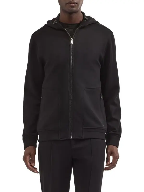 Bugatchi Soft Touch Full Zip Hoodie With Drawstring Hood And Zip Pockets - Black