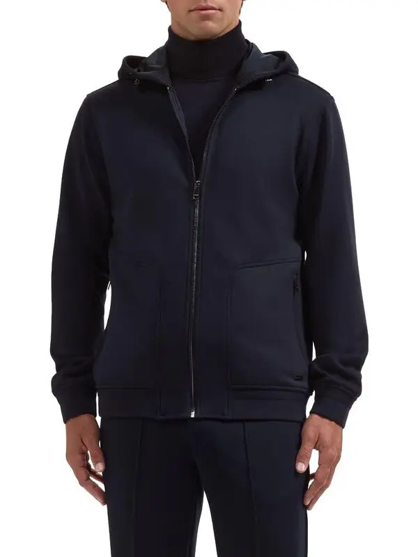 Bugatchi Soft Touch Full Zip Hoodie With Drawstring Hood And Zip Pockets - Navy