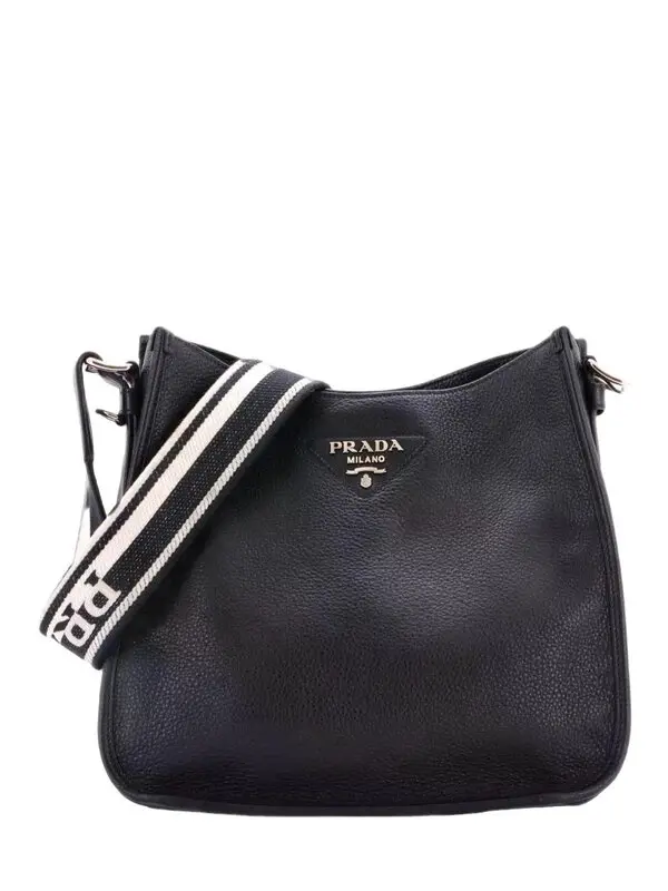 Prada Logo Strap Leather Medium Hobo Bag - Black