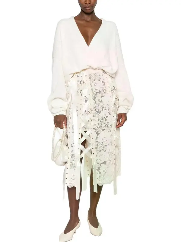 Simone Rocha Floral Lace Midi Skirt With Ribbon Detailing - Neutrals