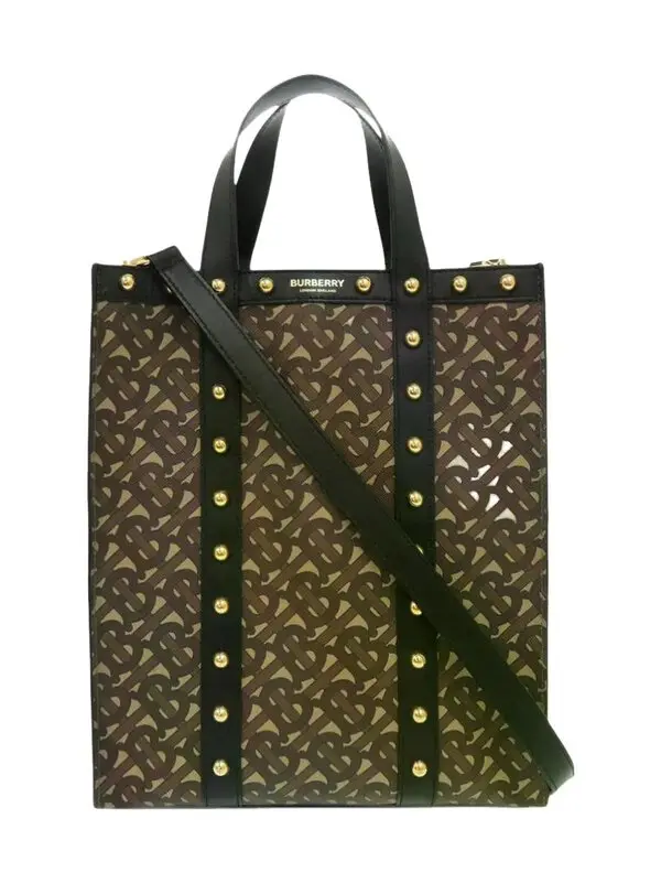 Burberry Monogram E Canvas And Studded Leather Vertical Tote Satchel - Brown