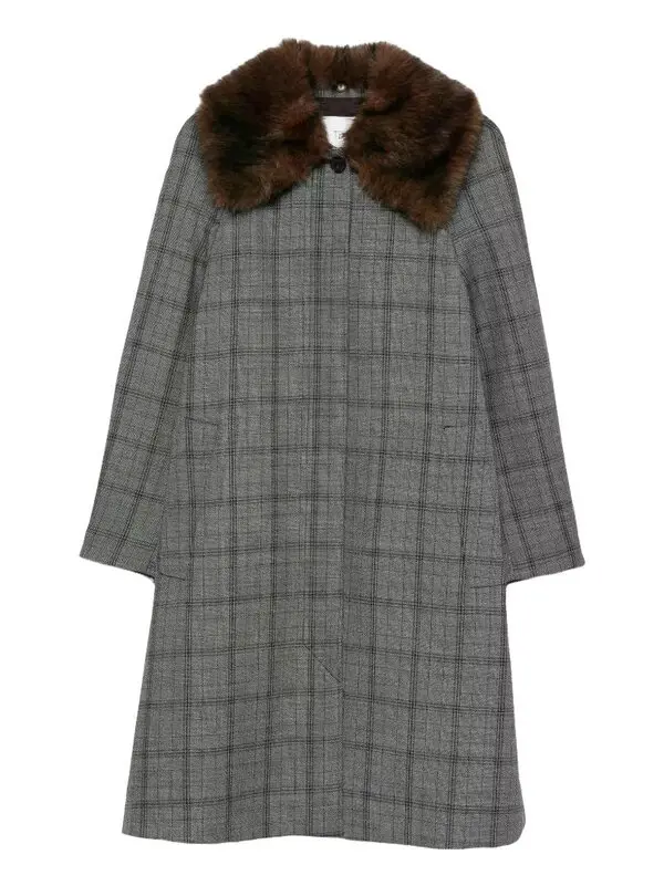 TELA Checked Faux-fur Collar Coat - Grey