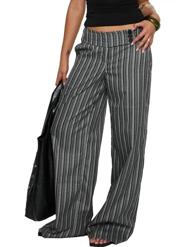 Princess Polly Cedars Stripe Low Rise Wide Leg Pants - Grey Stripe