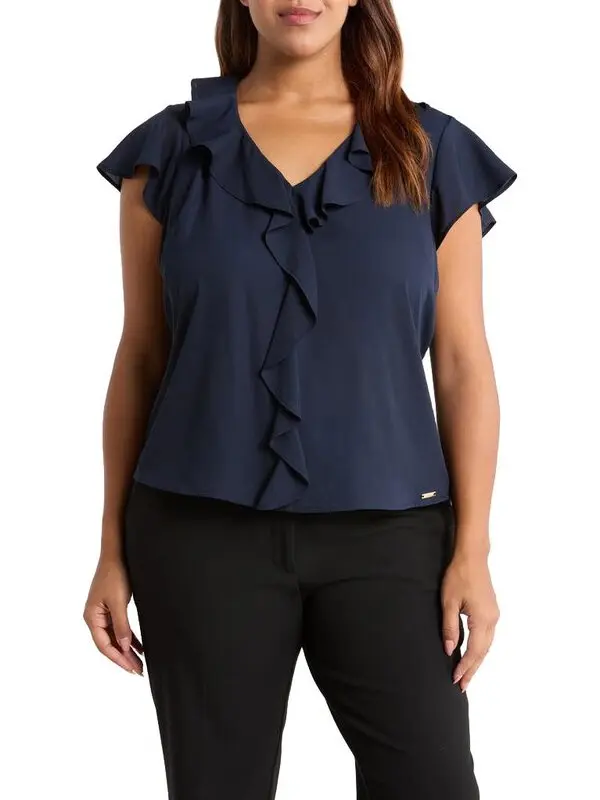 TAHARI ASL Ruffle Front V-neck Top - New Navy
