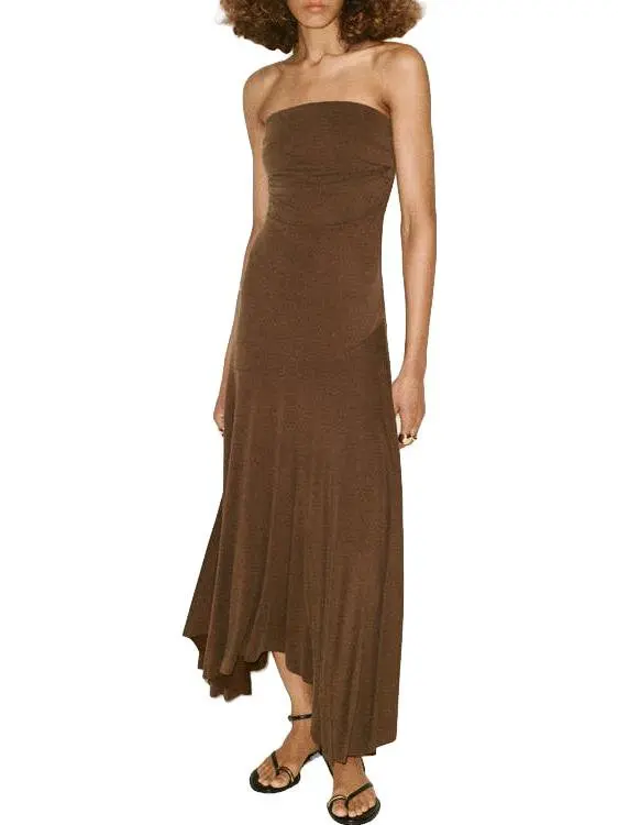 Mango Asymmetrical Draped Strapless Jersey Dress - Brown