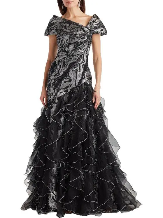 Tadashi Shoji Jacquard Lace And Ruffle Gown - Silver/black