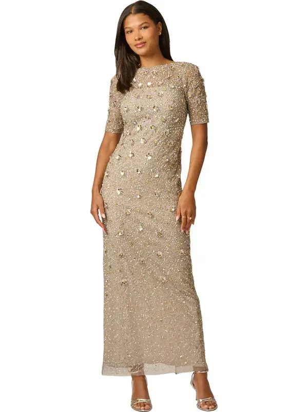 Adrianna Papell Beaded Floral Gown - Platinum