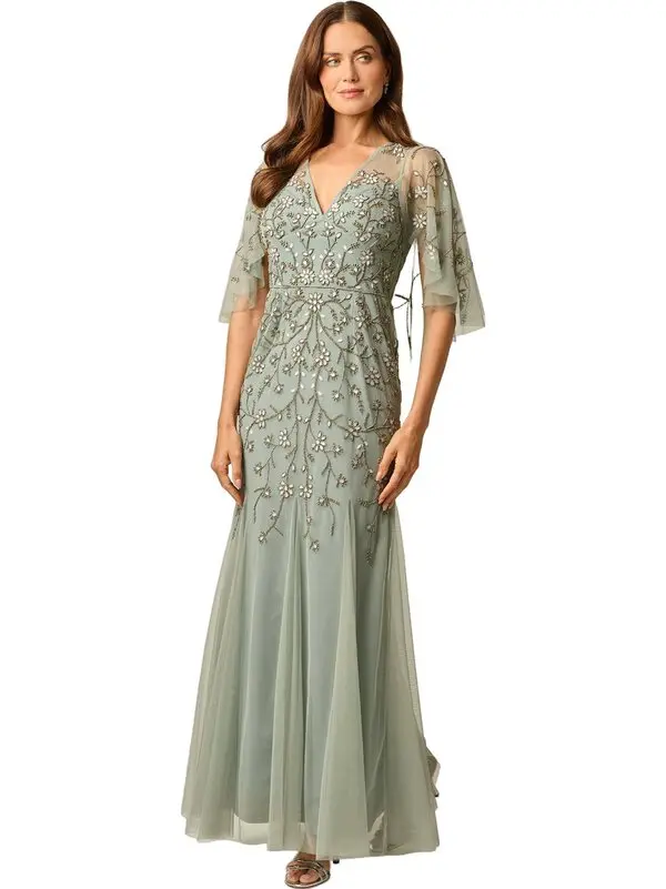 Adrianna Papell Embellished Cape Sleeve Mermaid Gown - Sage
