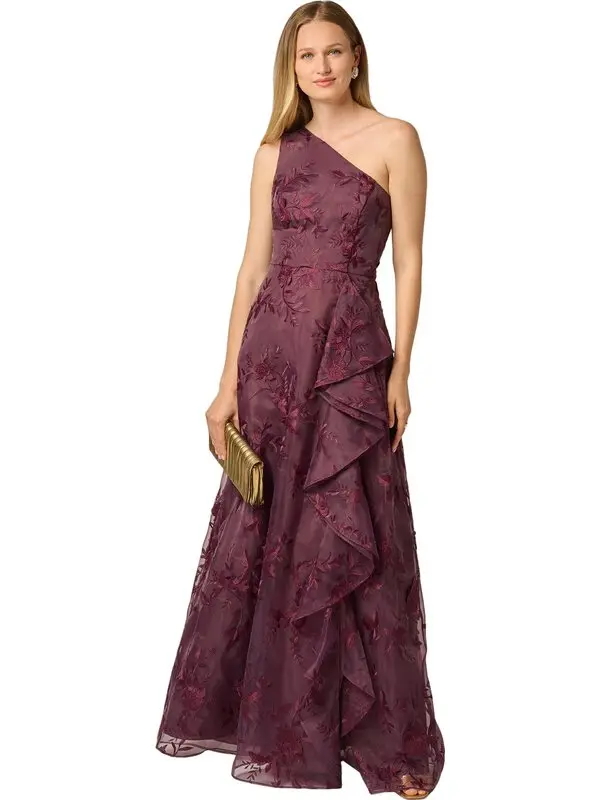 Adrianna Papell Petite One Shoulder Floral Embroidered Gown - Raisin