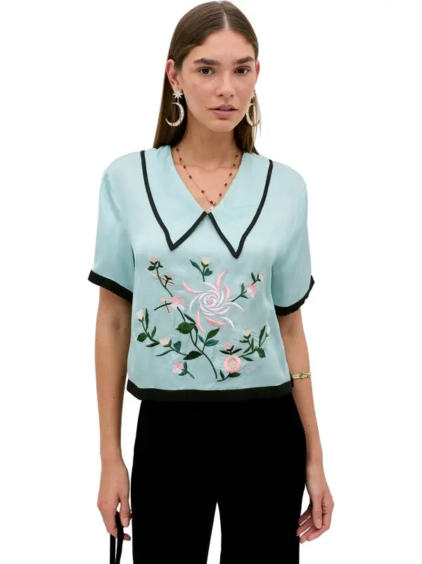 Rixo Nicolina Frida Embroidery Mist Top - Blue