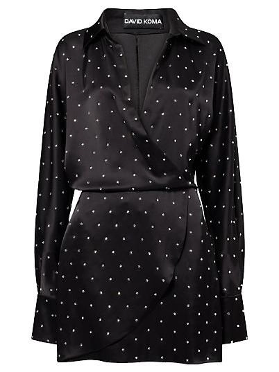 David Koma Star-embellished Wrap-front Satin Mini Shirt Dress - Black/silver