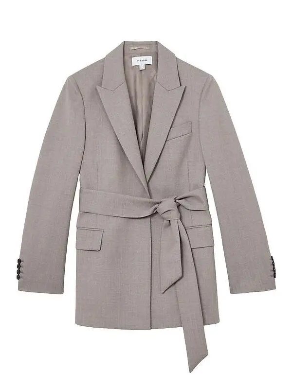 REISS Briony Belted-waist Single-breasted Wool-blend Blazer - Grey