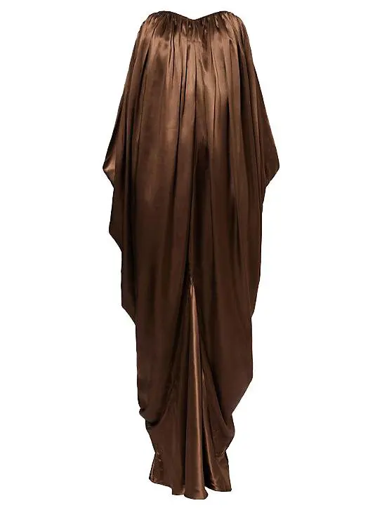 ABADIA Strapless Draped Satin Maxi Dress - Brown