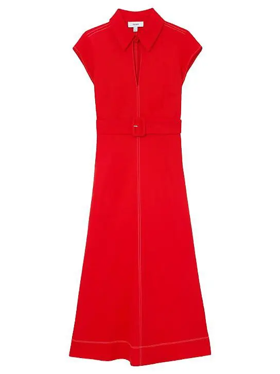 REISS Sloane Collared Belted-waist Stretch-woven Midi Dress - Red
