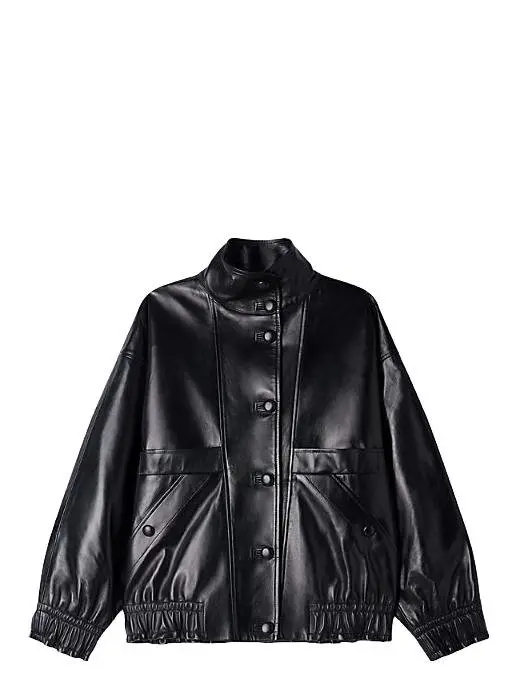 Sandro Oversized High-neck Leather Jacket - Black