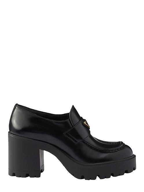 Prada Brushed Leather Loafers With Enamelled Triangle Logo And Block Heel - Black