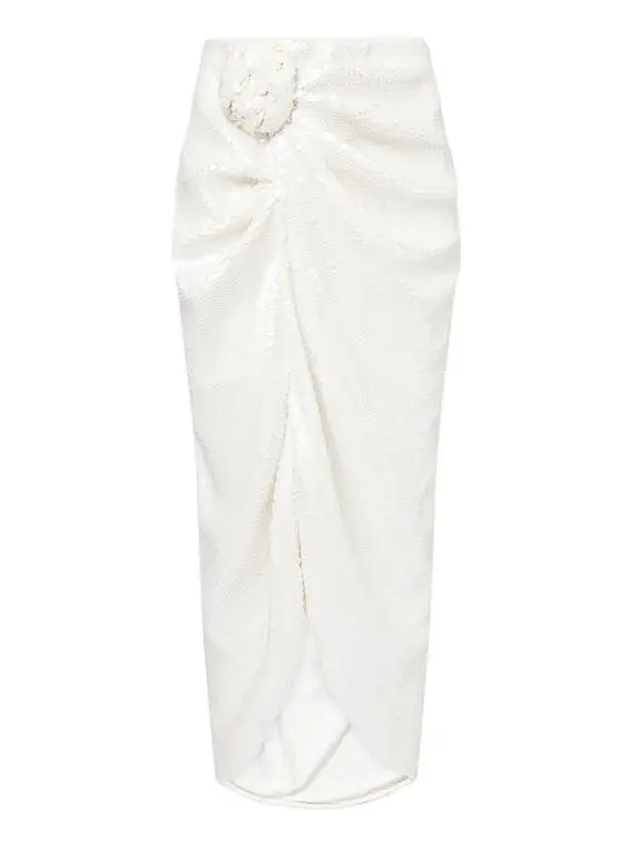 ROTATE BY BIRGER CHRISTENSEN Knot-detail Asymmetric Hem Sequin Midi Skirt - Egret