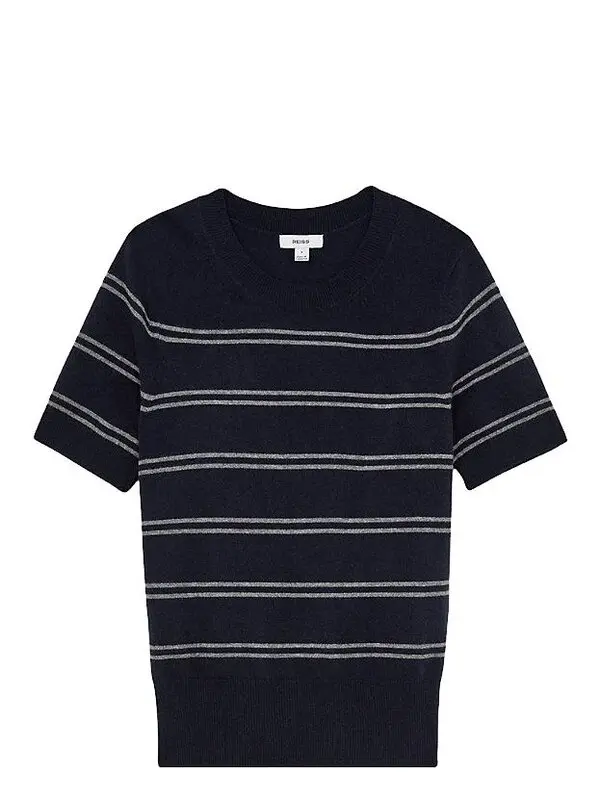 REISS Sabrina Striped Knitted T-shirt - Navy Grey