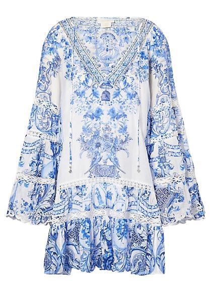 Camilla Gathered Panel Ceramic Print Silk And Cotton Mini Dress - Ceramic Panoramic