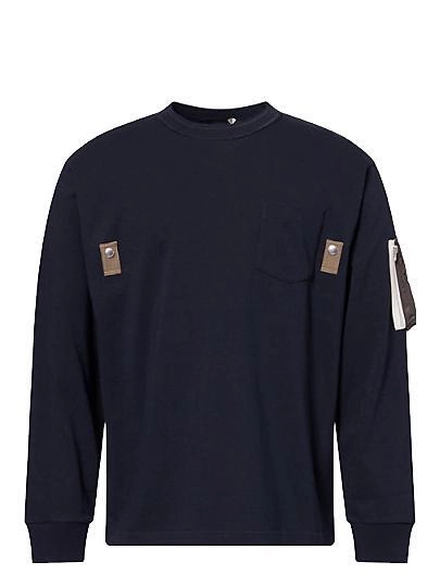 Sacai Zip-pocket Long-sleeve Cotton T-shirt - Navy/dkhaki
