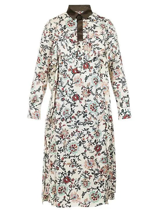 Sacai Floral Print Satin Collar Midi Dress - Ivory