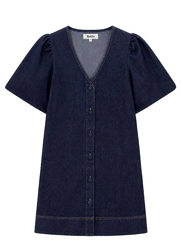 RO&ZO Button-front V-neck Denim Mini Dress - Blue