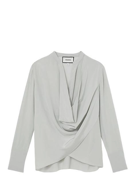 REISS Lauren Notch Neck Draped Silk Shirt - Grey