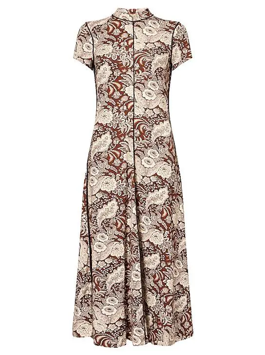 ME+EM Botanical Print Stretch-jersey Midi Dress - Brown Multi