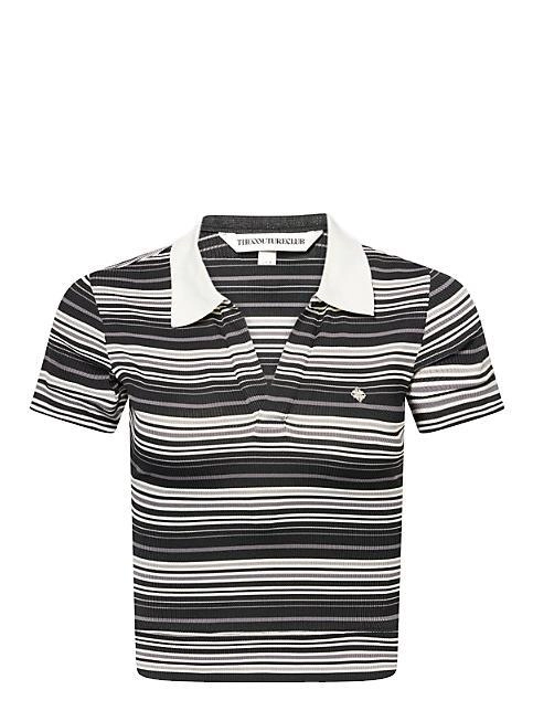 THE COUTURE CLUB Striped Ribbed Polo Top - Black