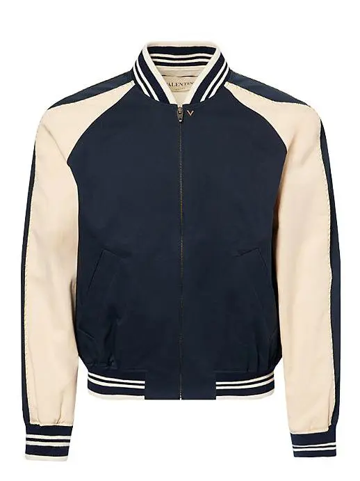 Valentino Garavani Contrast-stripe Zip-up Cotton Bomber Jacket - Navy