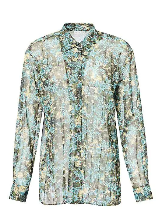 Dries Van Noten Floral-print Pleated Woven Shirt - Sky
