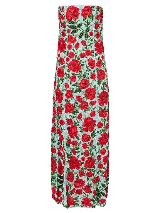 LA FUORI Strapless Embellished Floral Maxi Dress - Blue