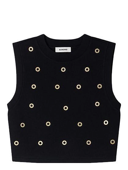 Sandro Embellished Cropped Knitted Vest Top - Black