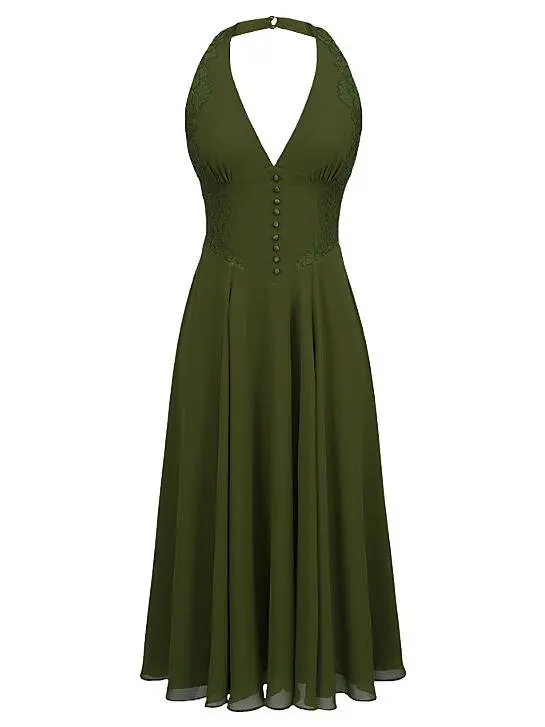 House Of Cb Lace-trimmed Georgette Midi Dress - Olive