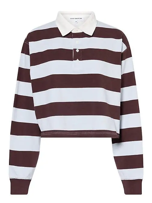 Good American Cropped Cotton-jersey Polo Shirt - Espresso Sky Stripe
