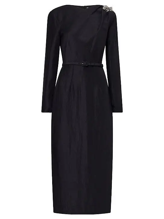 Roland Mouret Long-sleeve Midi Dress With Brooch Detail - Black