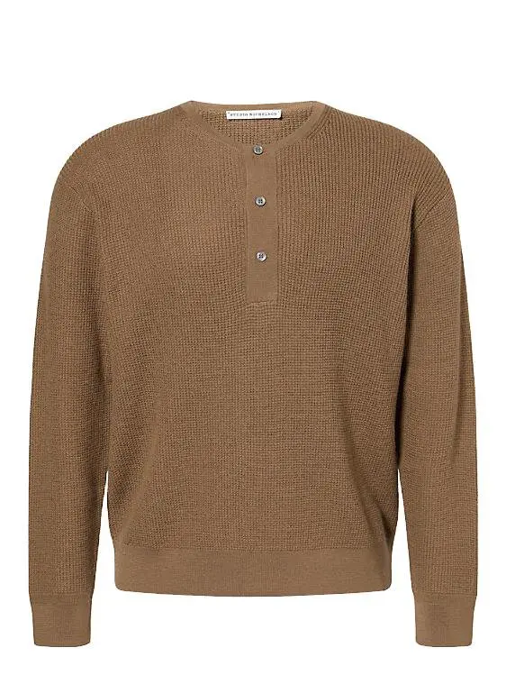 Studio Nicholson Sn Knitwear Henley Extra Fine Merino And Cashmere Jumper - Bark