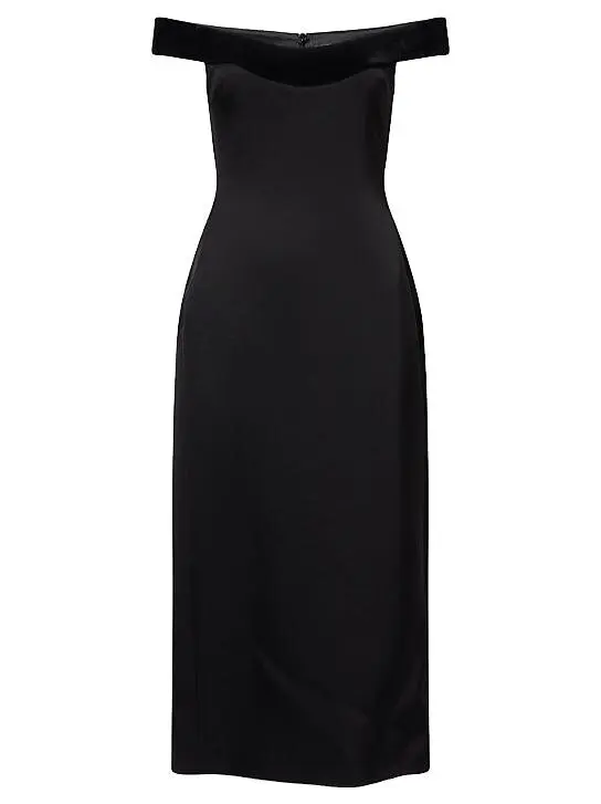 David Koma Off-shoulder Satin Midi Dress With Velvet Trim - Black