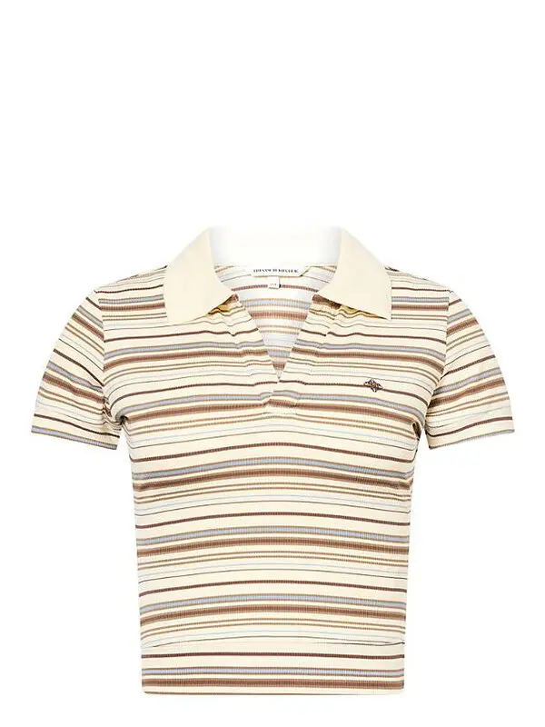 THE COUTURE CLUB Striped Ribbed Polo Top - Beige