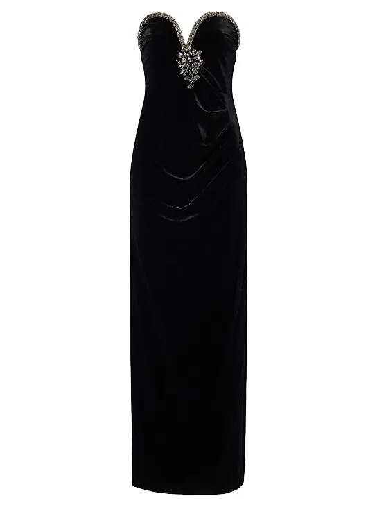 SELF-PORTRAIT Embellished Sweetheart Neck Velvet Maxi Dress - Black