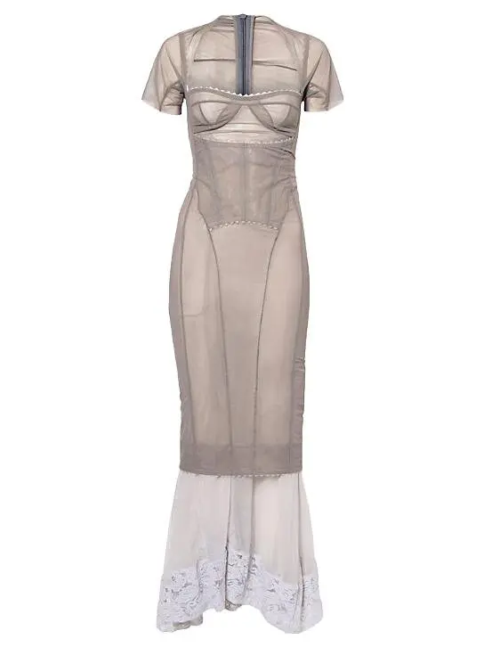 DILARA FINDIKOGLU Short Sleeve Sweetheart Neck Maxi Dress - Grey