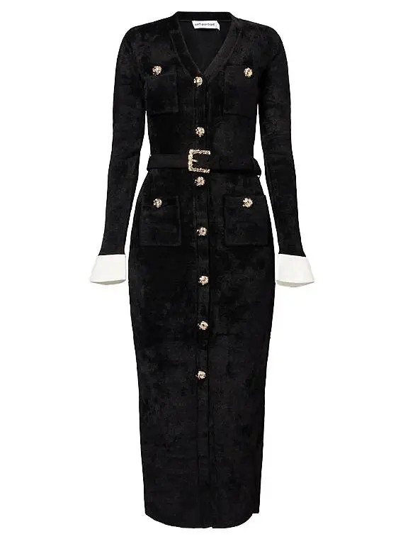 SELF-PORTRAIT Belted Chenille Midi Dress - Black