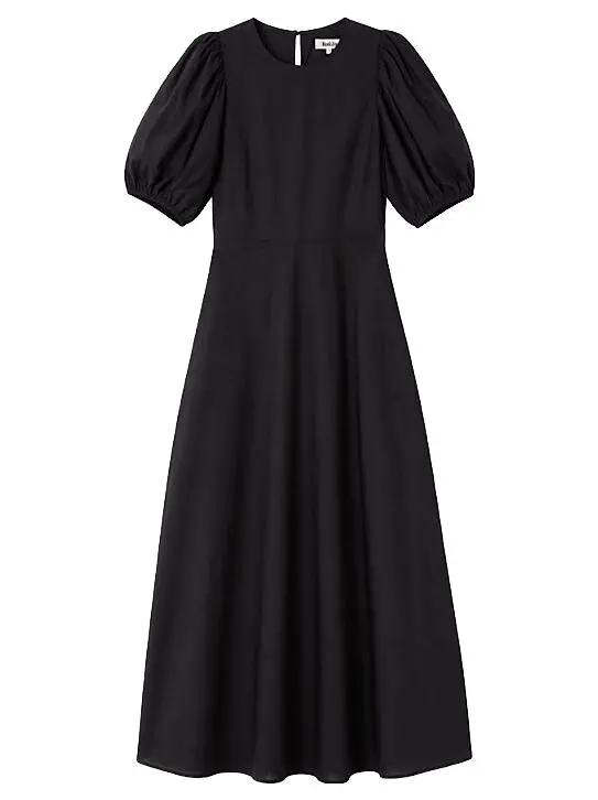 RO&ZO Seam-waist Puff-sleeve Cotton-voile Midi Dress - Black